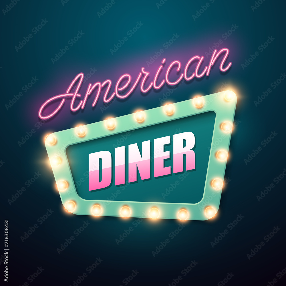 Retro light sign. American diner banner in vintage style. Vector ...