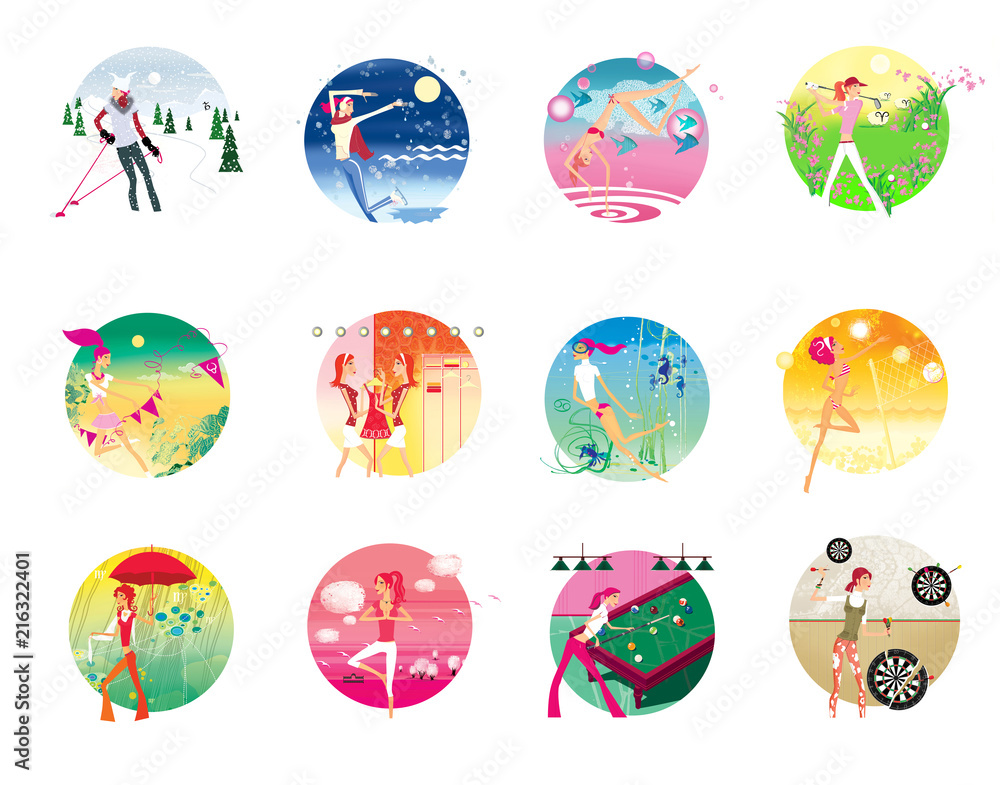 Zodiac sports lady. A set of 12 images of a young girl in a zodiac sign ...
