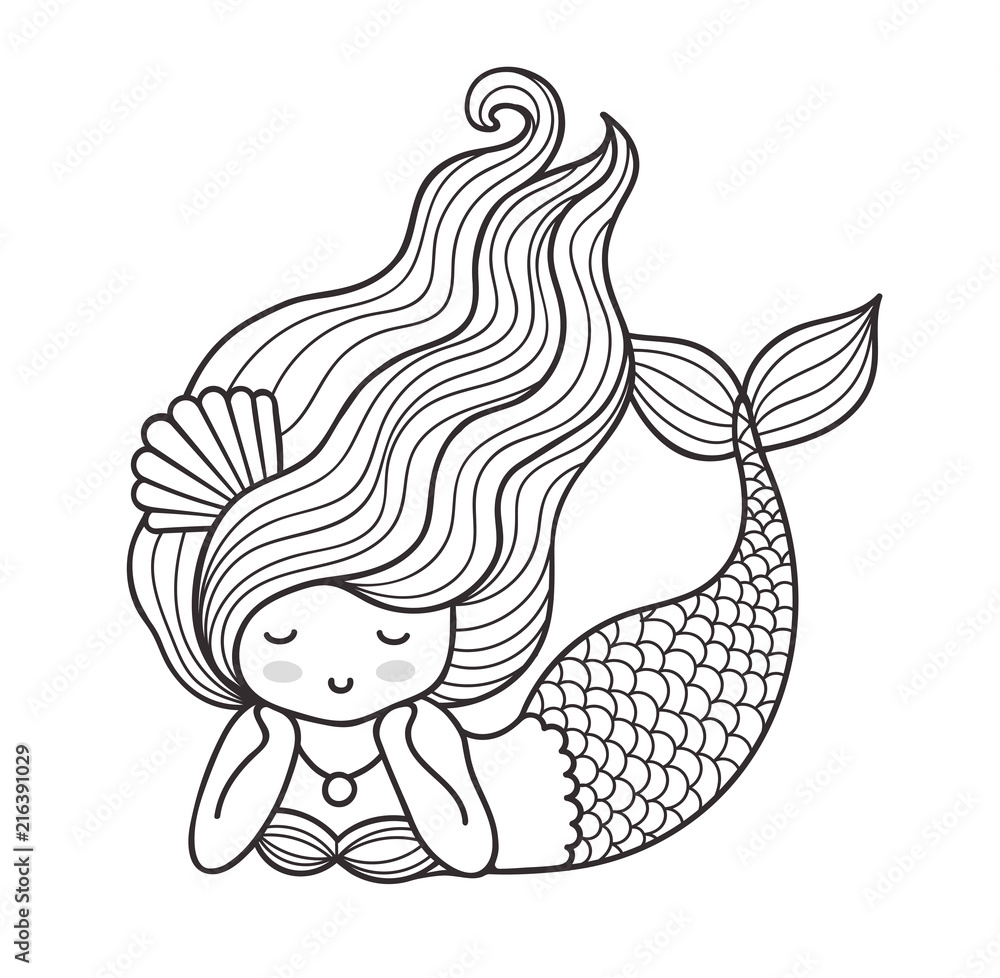 Dreamy lying mermaid with long curly hair. Vector outline illustration ...