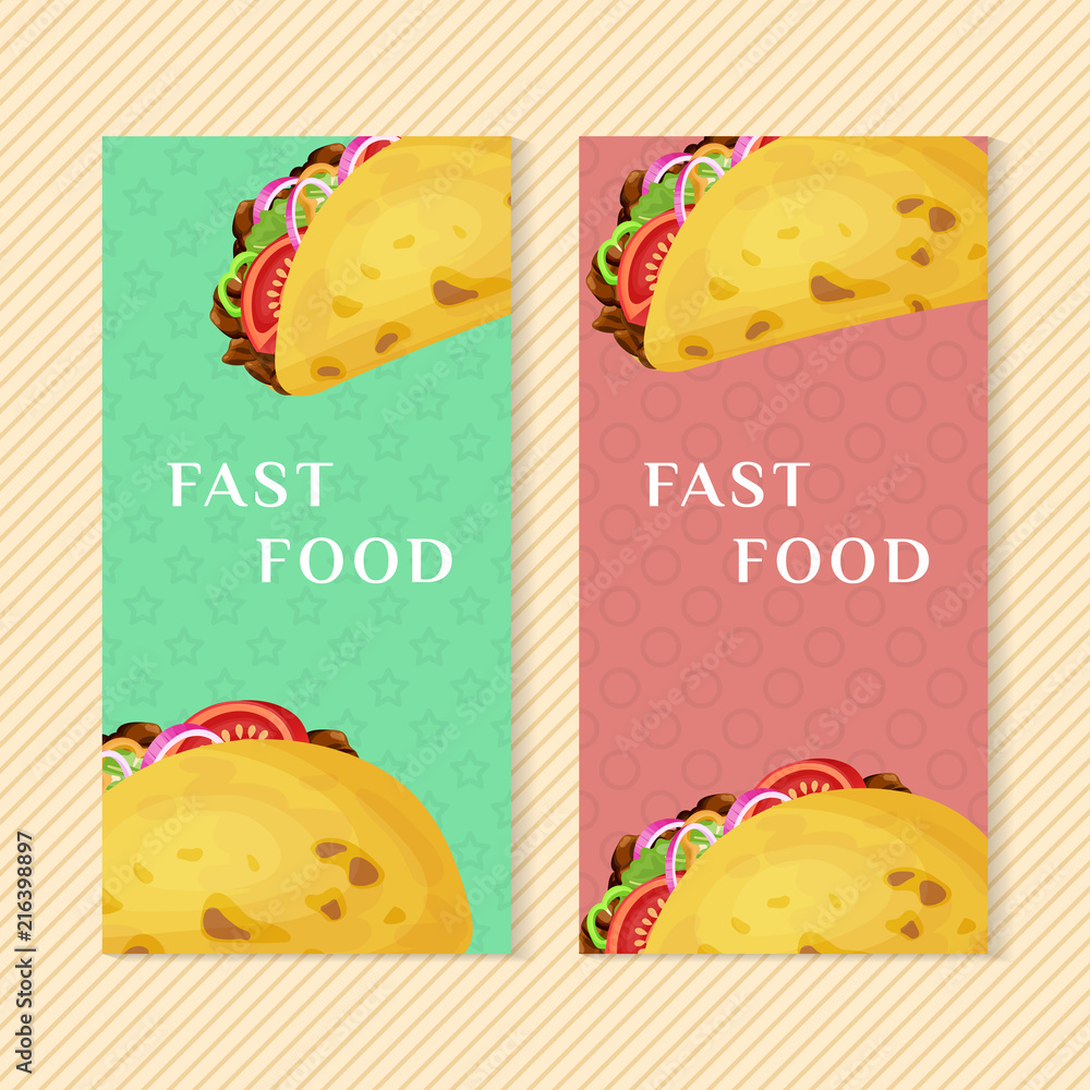 Fast food banners with taco. Graphic design elements for menu packaging ...