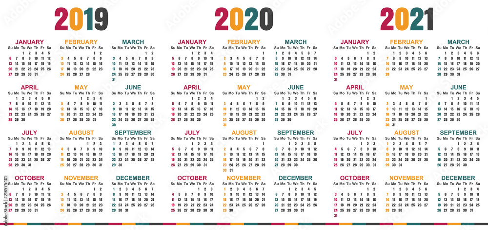 English planning calendar 2019 - 2021, week starts on Sunday, simple ...