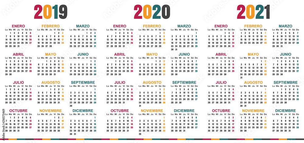 Spanish planning calendar 2019 - 2021, week starts on Monday, simple ...
