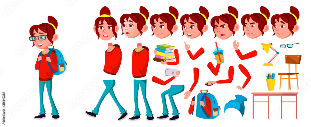 Girl Schoolgirl Kid Vector. High School Child. Animation Creation Set ...