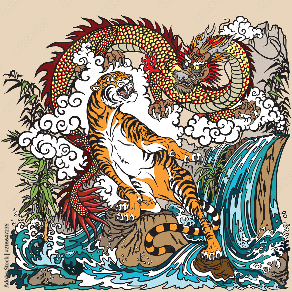 Chinese dragon and tiger in the landscape with waterfall , rocks ...