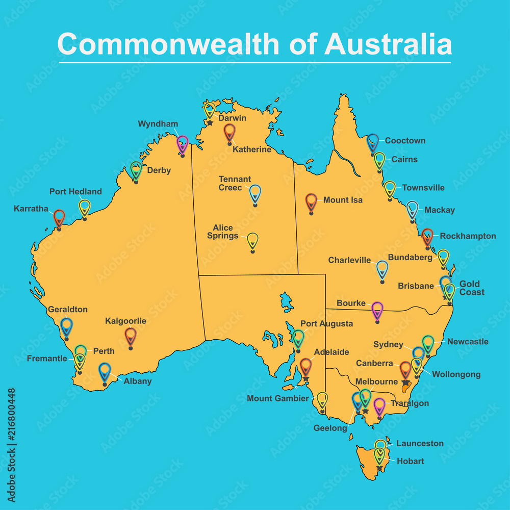 Map Of Australia with major Towns and Cities, vector illustration ...