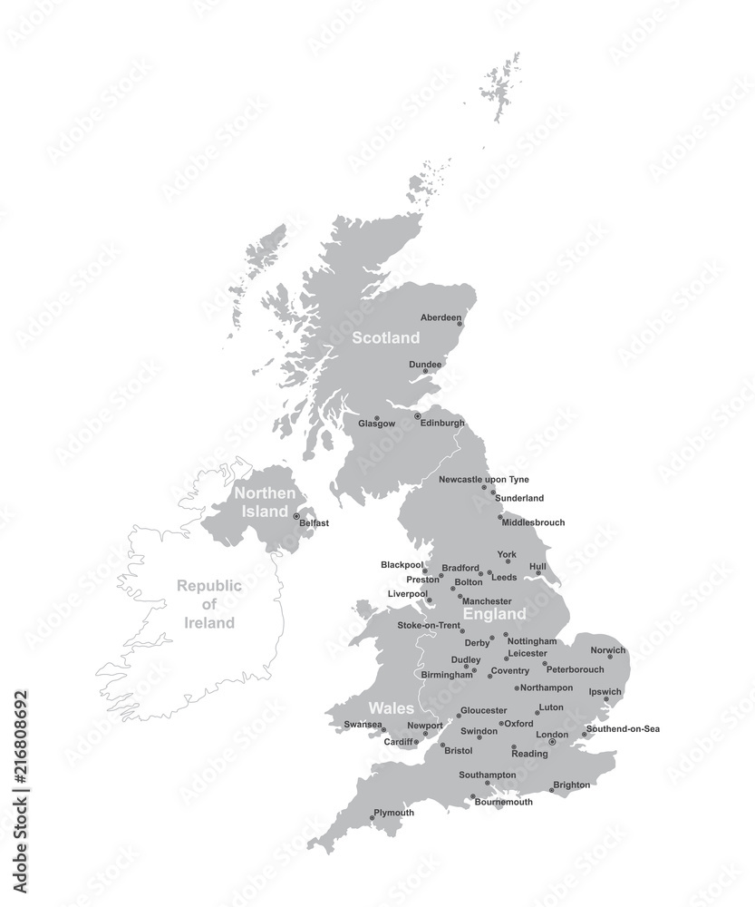 UNITED KINGDOM MAP with big cities, UK MAP with borders on grey ...
