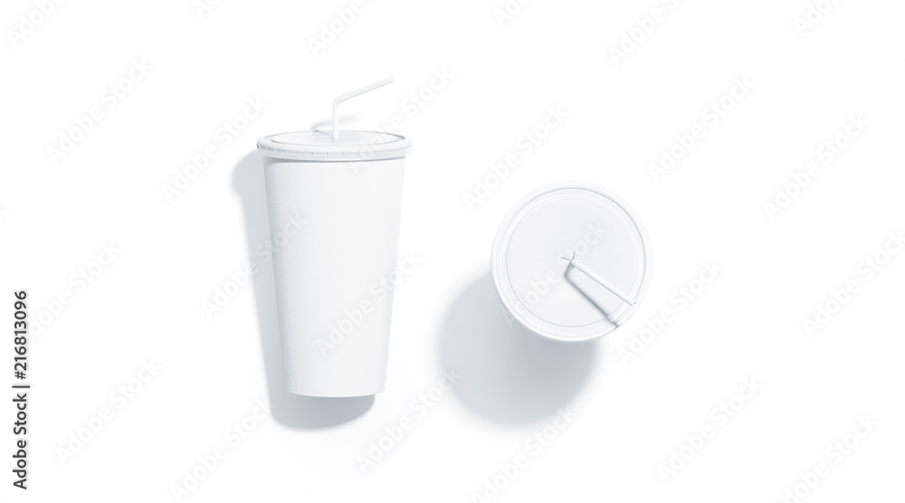 Blank white disposable cup with straw mockup top view, isolated, 3d ...