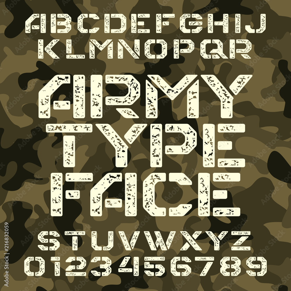 Army stencil alphabet font. Grunge type letters and numbers on military ...