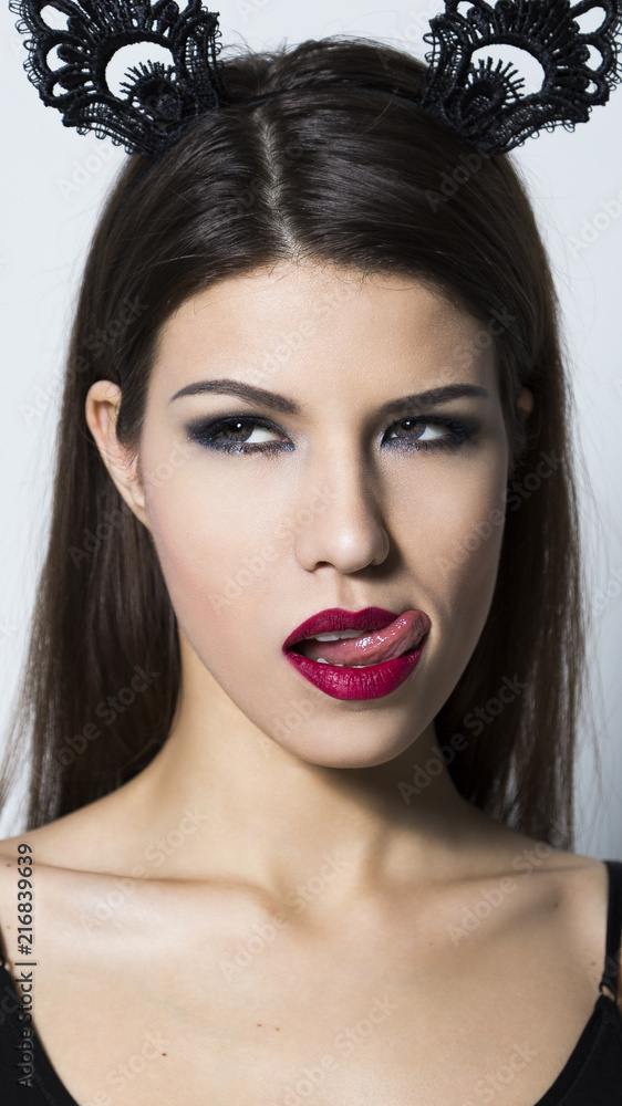 Sexy beautiful young sensual slim fit brunette woman in black body ...