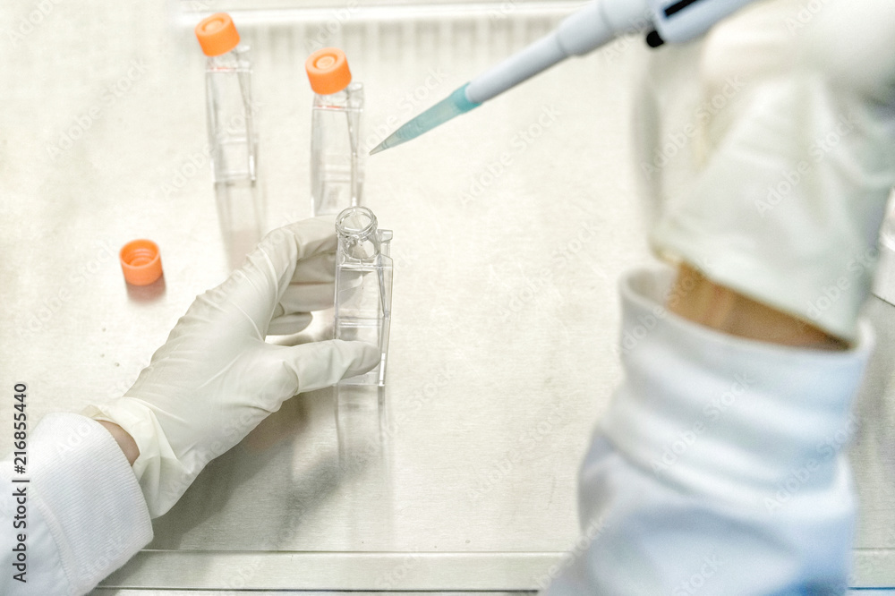 Foto The women researcher using pipette and cell culture flask do the ...