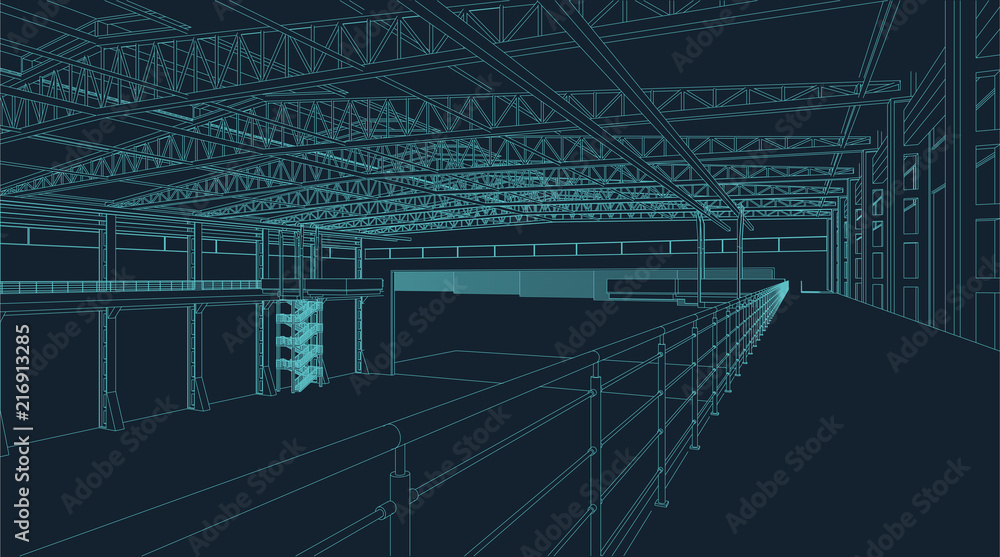 wire frame illustration of an industrial warehouse or hangar for ...