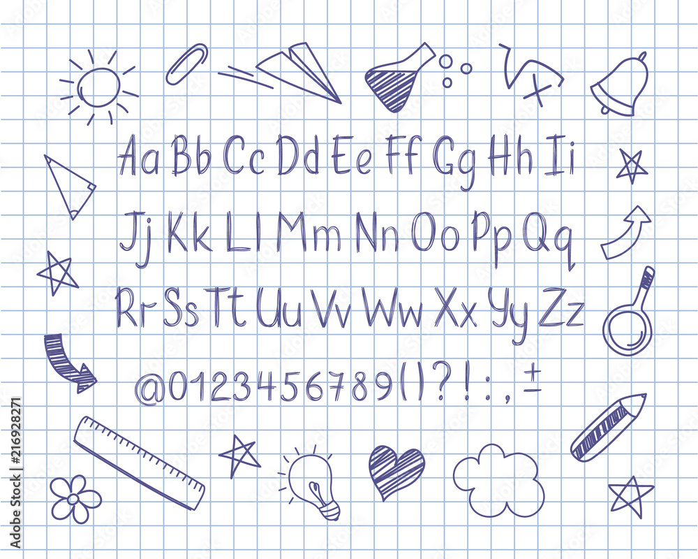 Alphabet in sketchy style with school doodles on copybook sheet. Vector ...