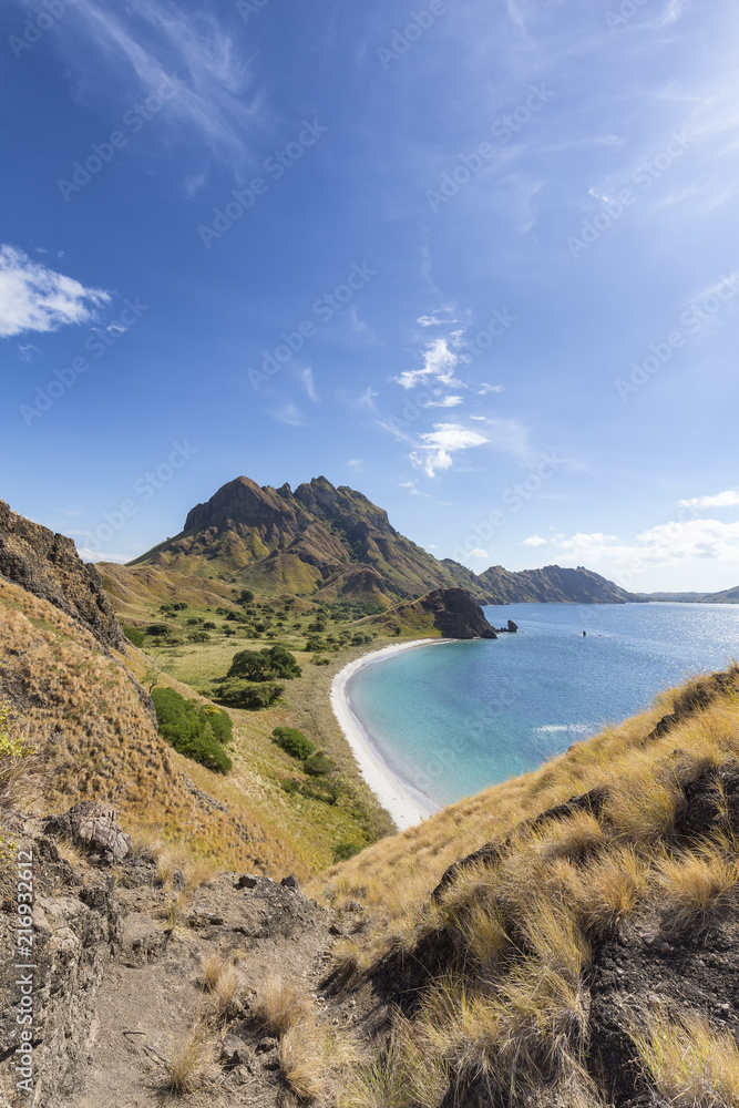 Portrait view from a scenic hiking trail on Pulau Padar island in the ...