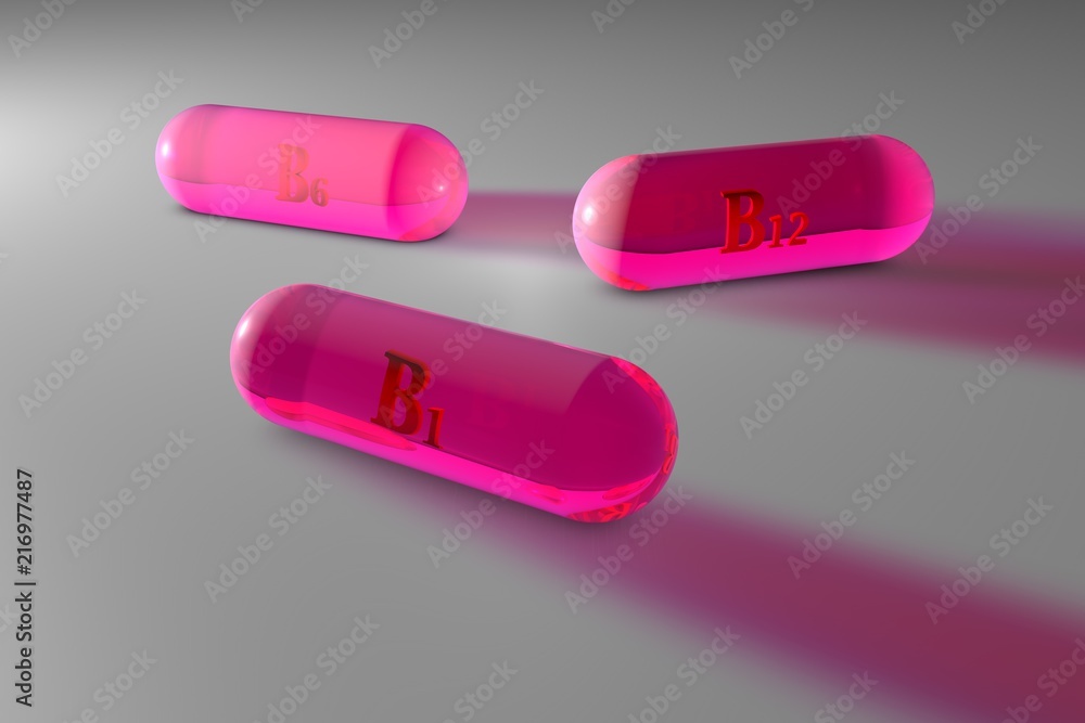 Transparent pink vitamin B1, B6, B12 capsules. Vitamin and mineral ...