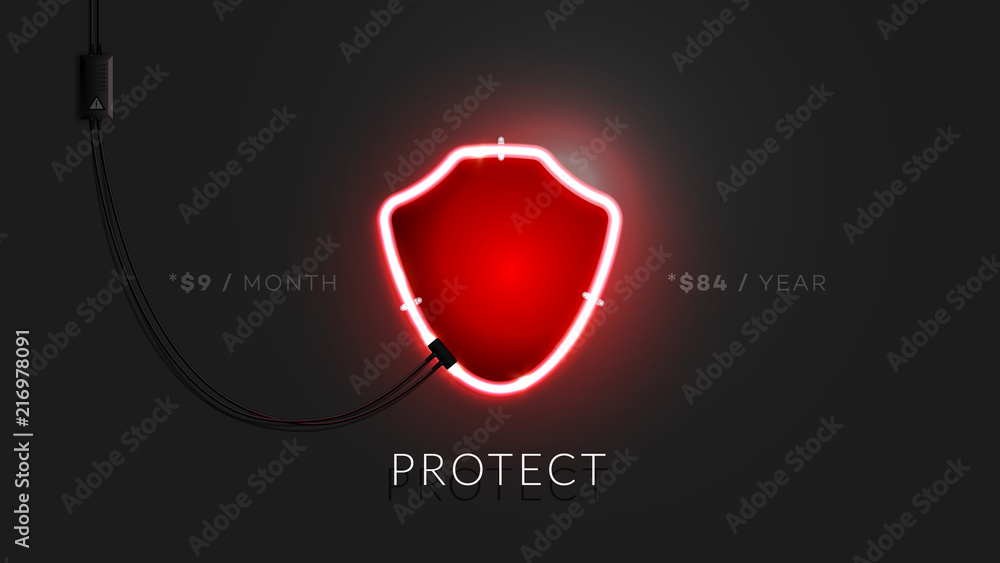 3d Neon Shield Sign. Realistic Vector Banner With Lighting Red Neon ...