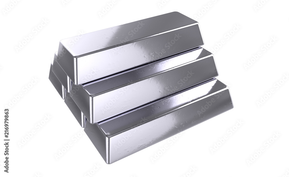 3D realistic render of pile silver bars. Isolated on white background ...