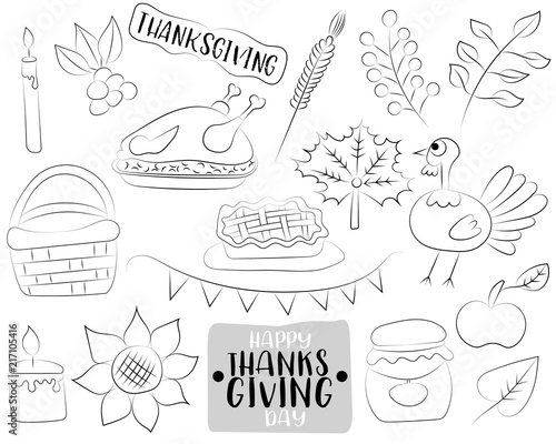 Happy Thanksgiving day cartoon icons and objects set. Black and white ...