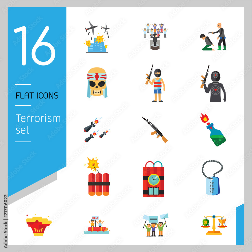 Terrorism Icon Set. Kamikaze Fire Cocktail Dynamite Army Tags Hostage ...