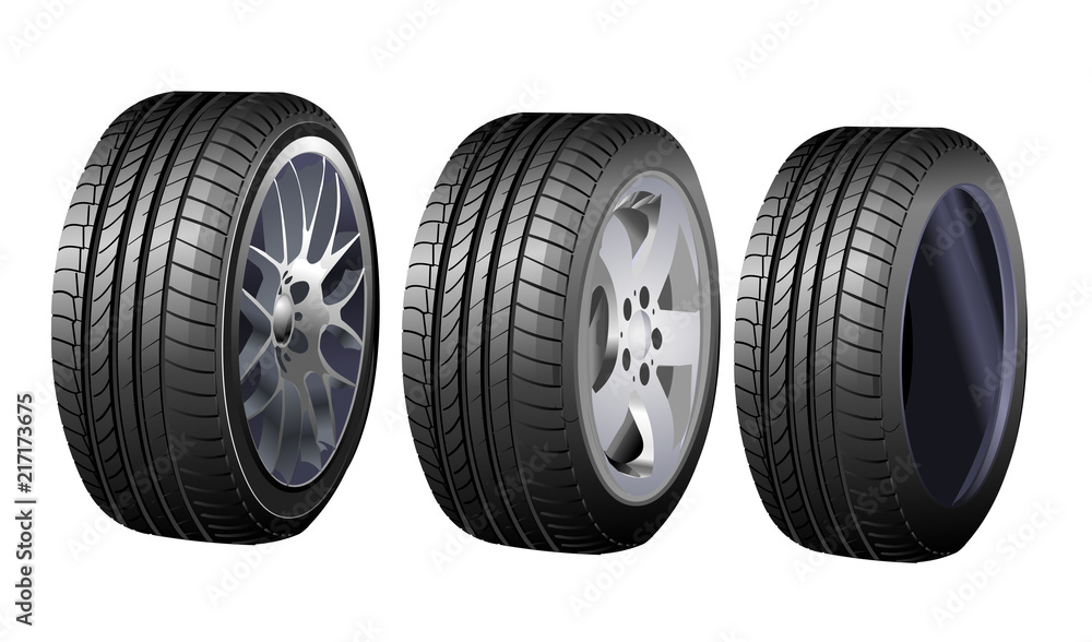 Wheels and tires vector set isolated on white for transport or service ...