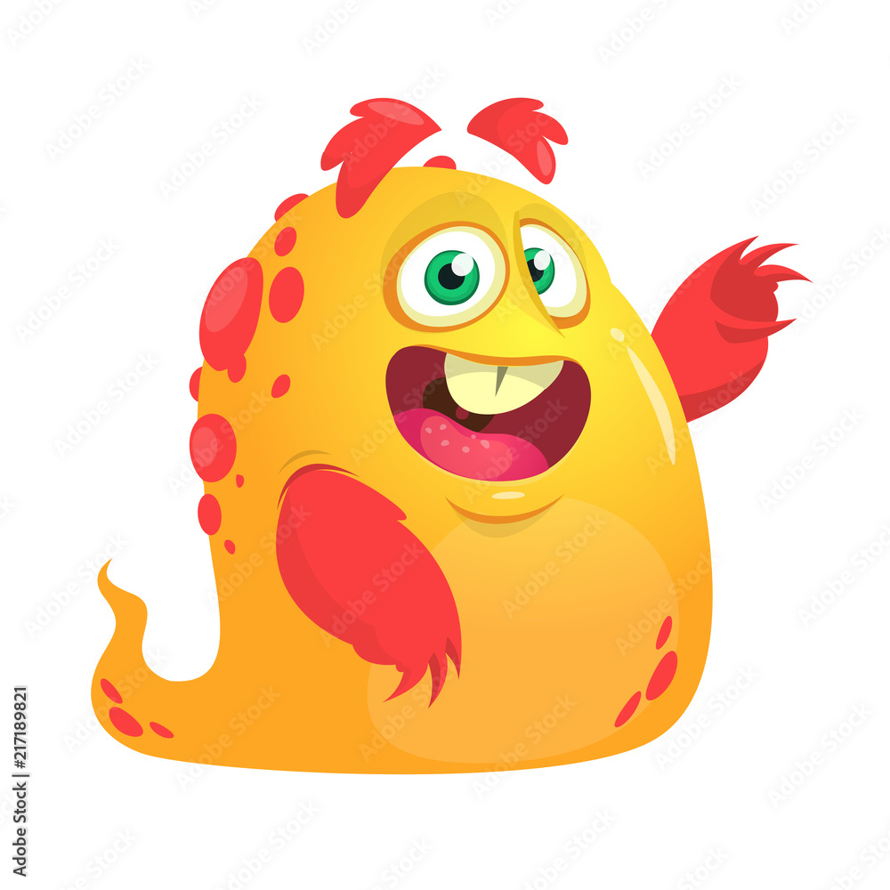 Cartoon blob monster character waving and presenting. Vector ...