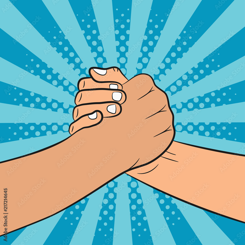 Brotherly handshake illustration in pop art style. Friends shake hands ...