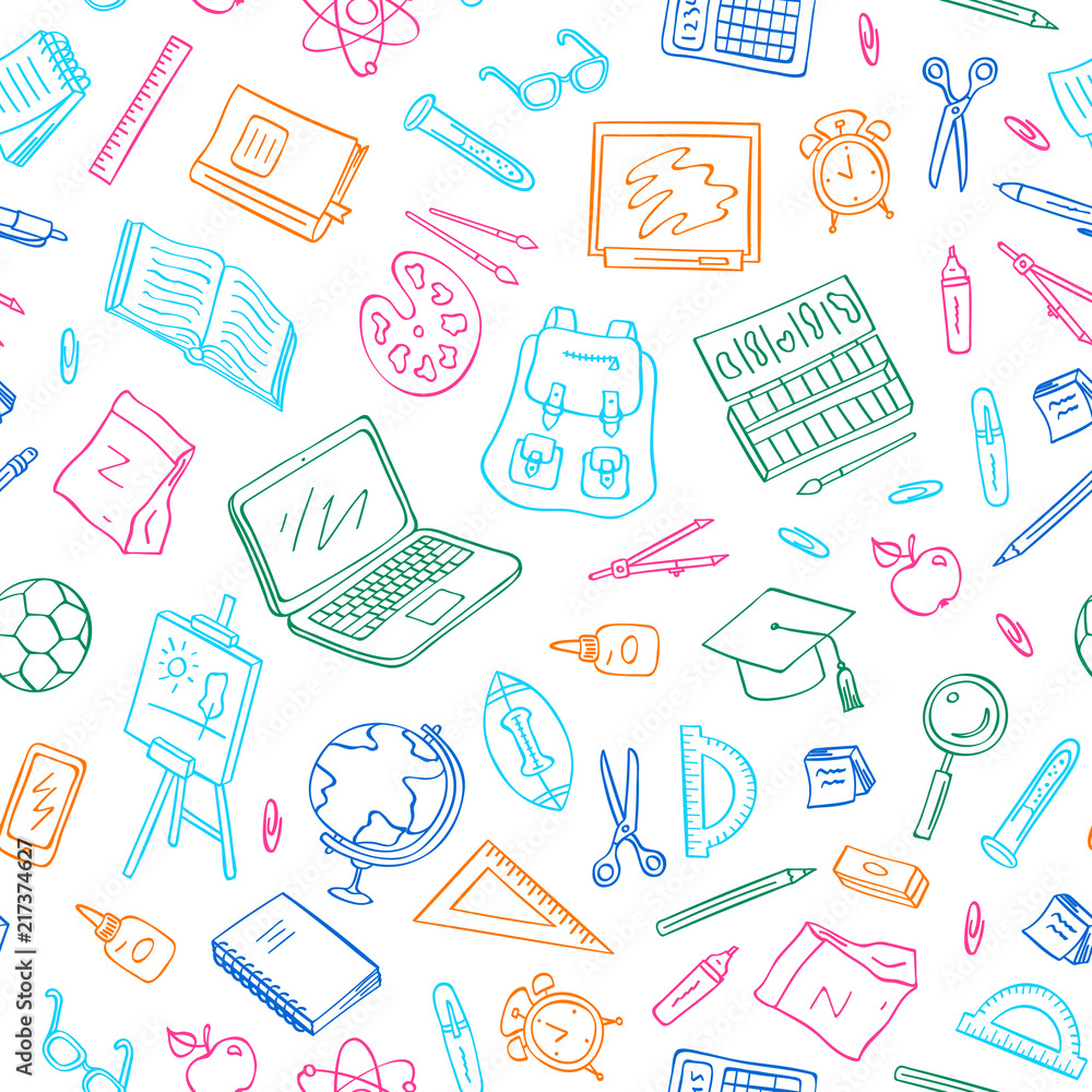 Vector back to school doodle elements pattern or background. Study and learning objects. Book ...