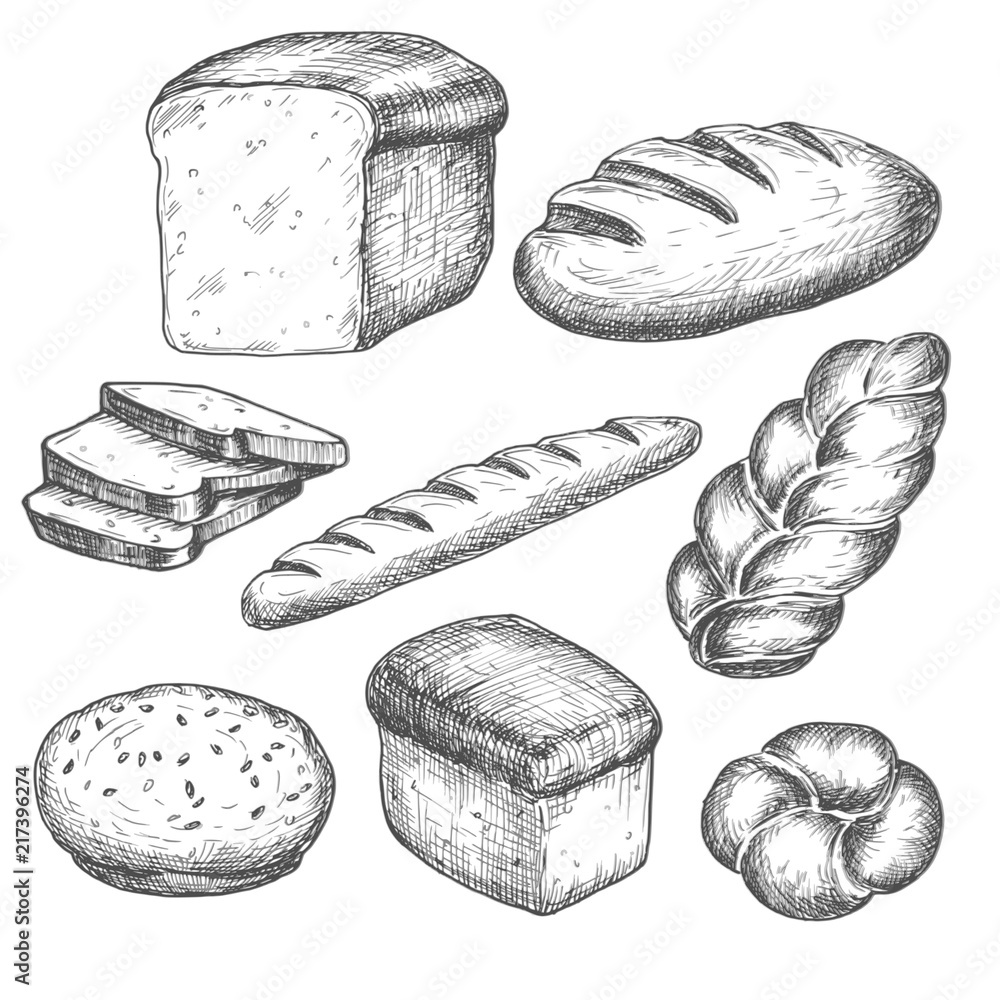 Hand drawn bread bakery set, black and white draft sketch isolated on ...