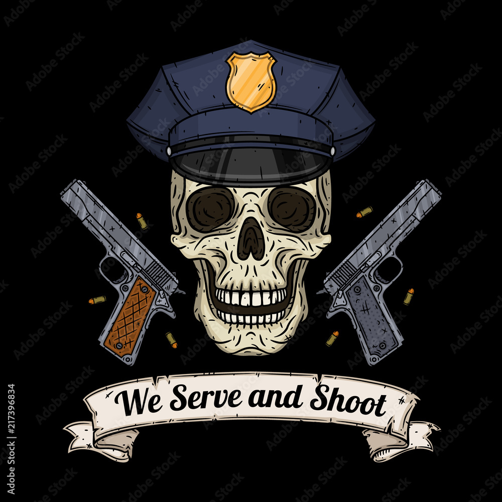 Policman. Vector illustration of human skull in police cap and two ...