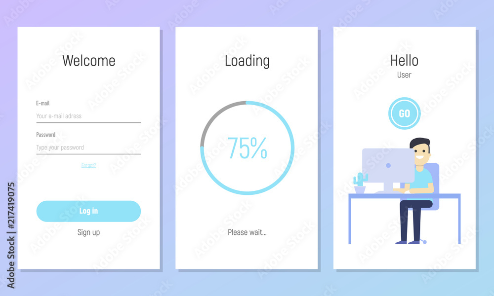 Mobile app template. Login form, loading bar. Concept of mobile app ...