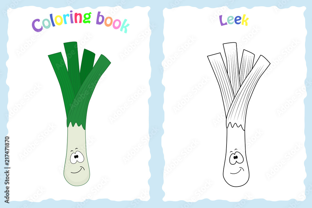Coloring book page for children with colorful leek and sketch Stock ...