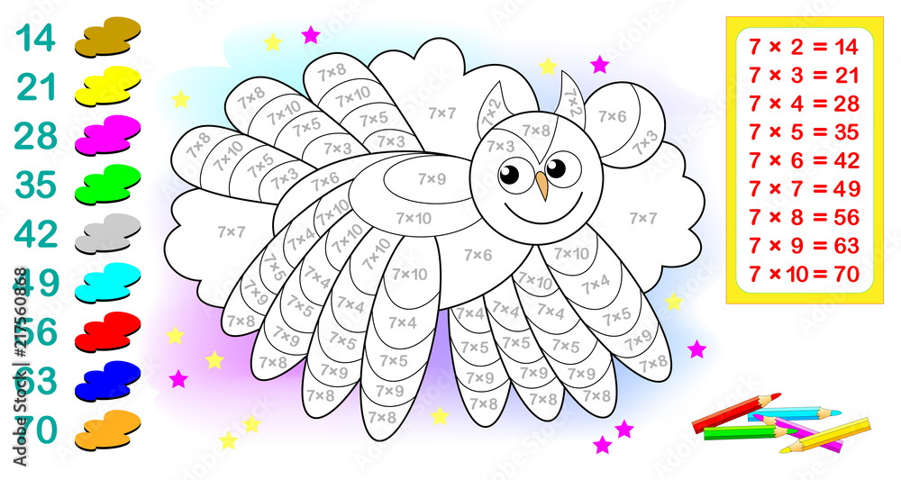 Worksheet with exercises for children with multiplication by seven ...