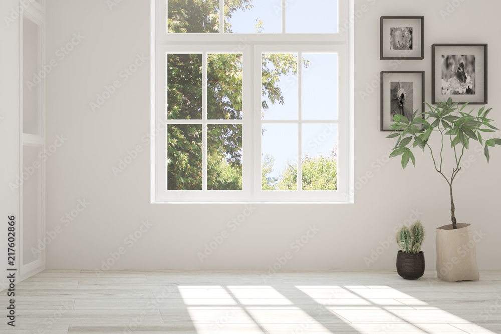 White Empty Room With Summer Landscape In Window Scandinavian Interior
