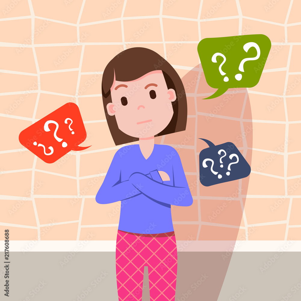 confused woman thinking question marks bubbles female character ...