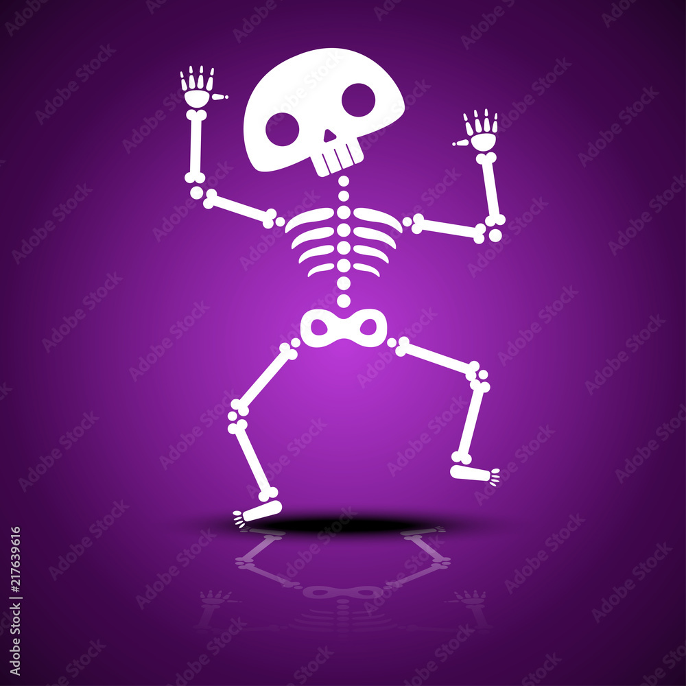 Cartoon dancing skeleton with reflection on a purple background for ...