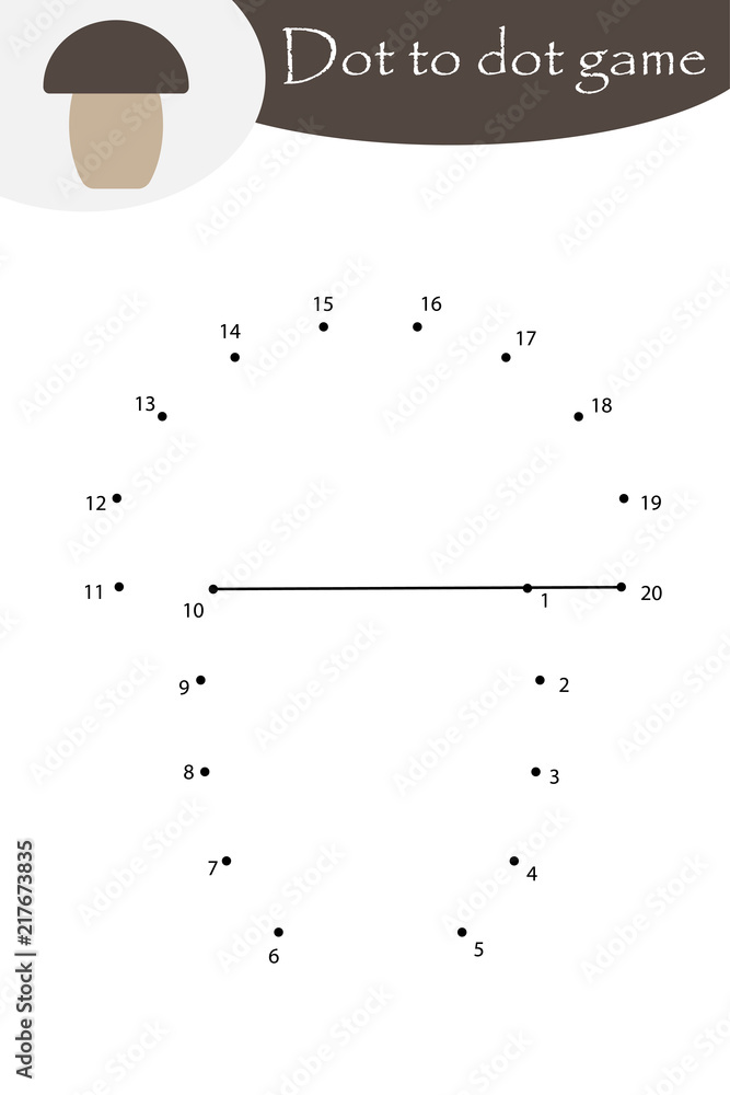 Mushroom in cartoon style, dot to dot game, coloring page, education ...