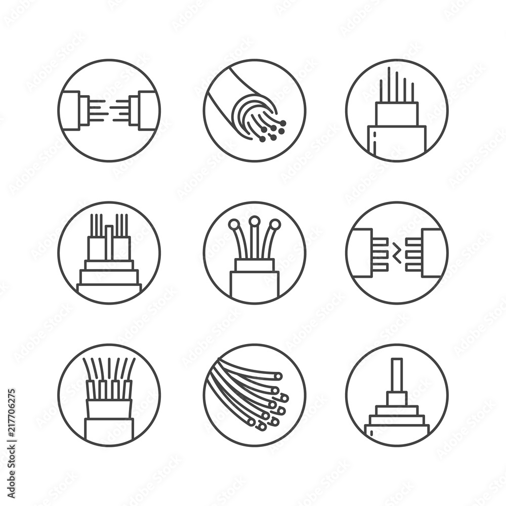Optical fiber flat line vector icons. Network connection, computer wire ...