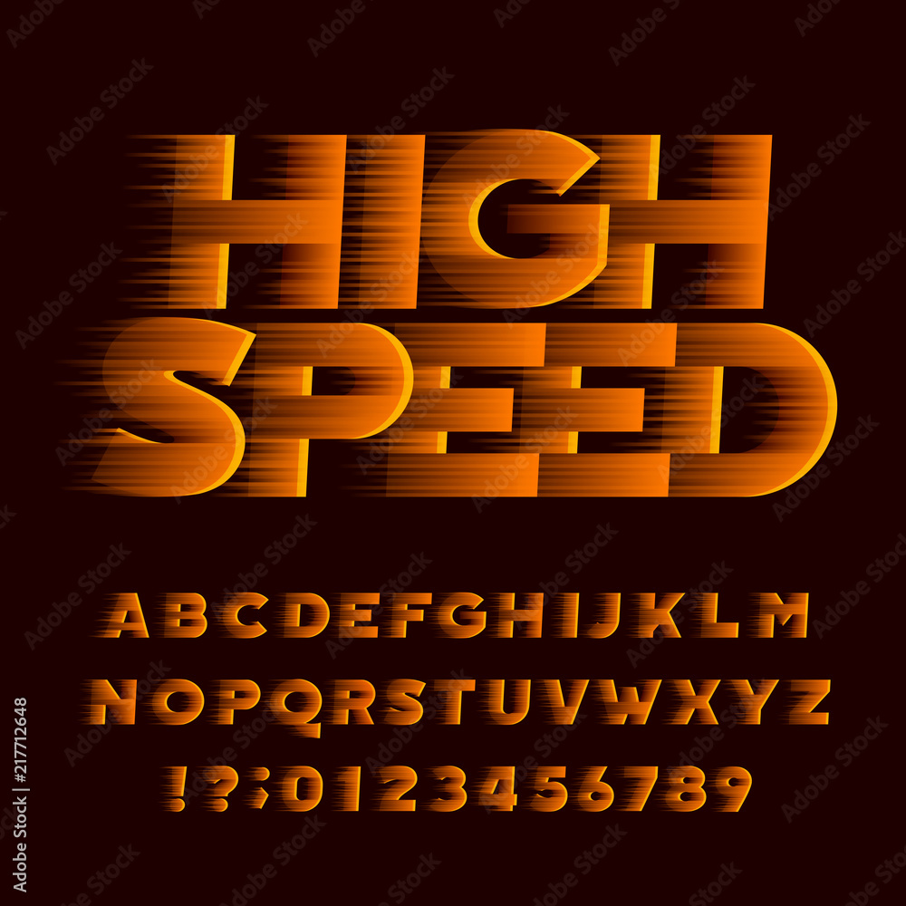 High speed alphabet font. Wind effect oblique type letters and numbers ...