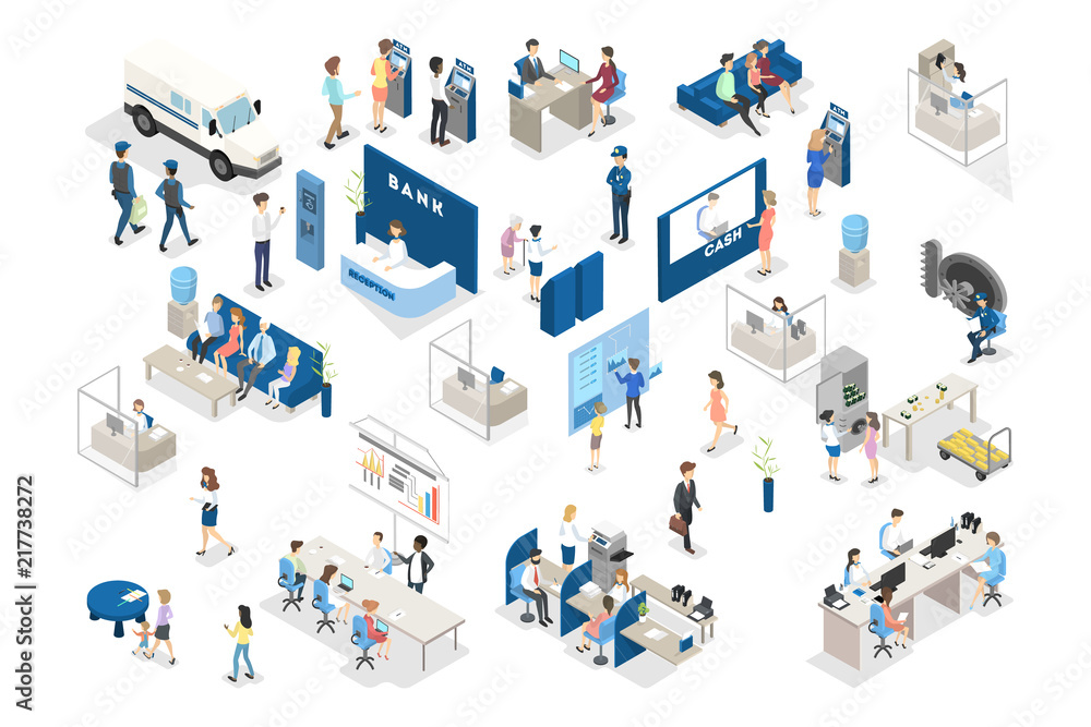 Bank interior isometric Stock Vector | Adobe Stock