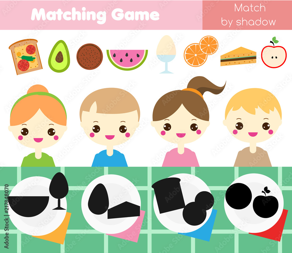Shadow matching game. Kids activity with food. Put meal into plates ...