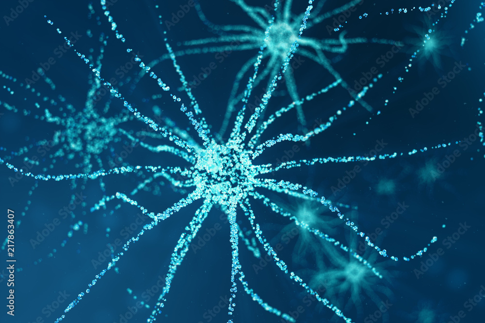 Conceptual illustration of neuron cells with glowing link knots ...