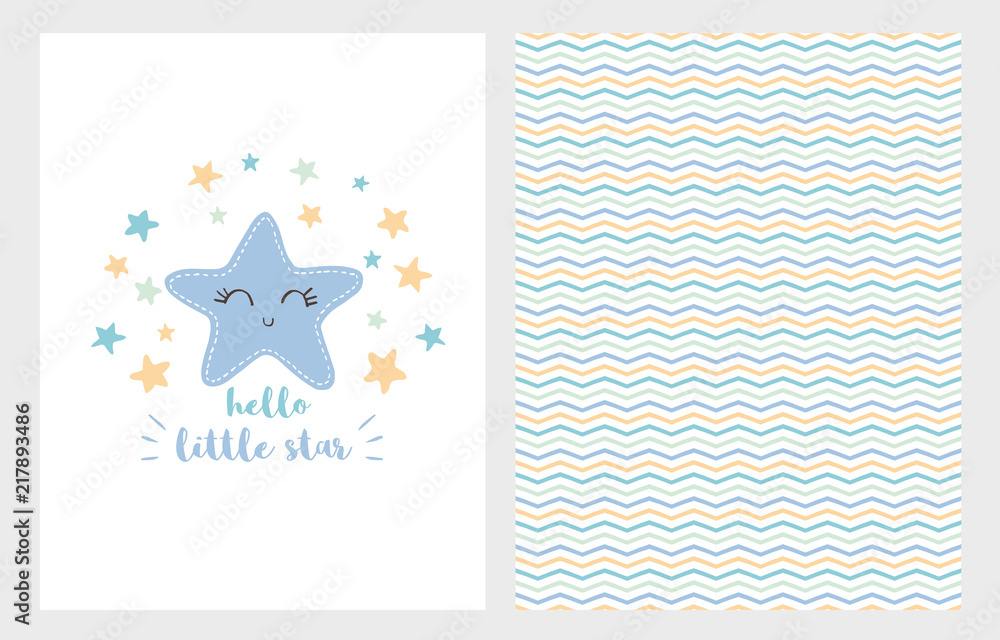 Hello Little Star Vector Illustration Set. Hand Drawn Design. Smiling ...