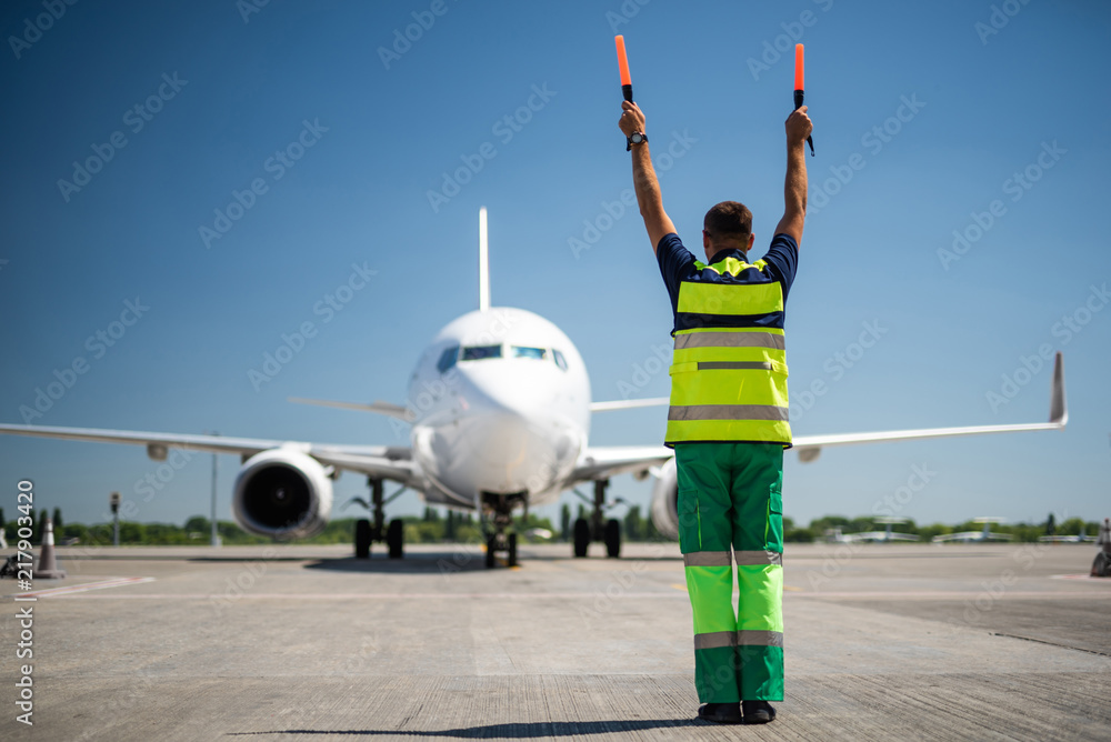 Flight is over. Back view of airport worker meeting passengers and ...