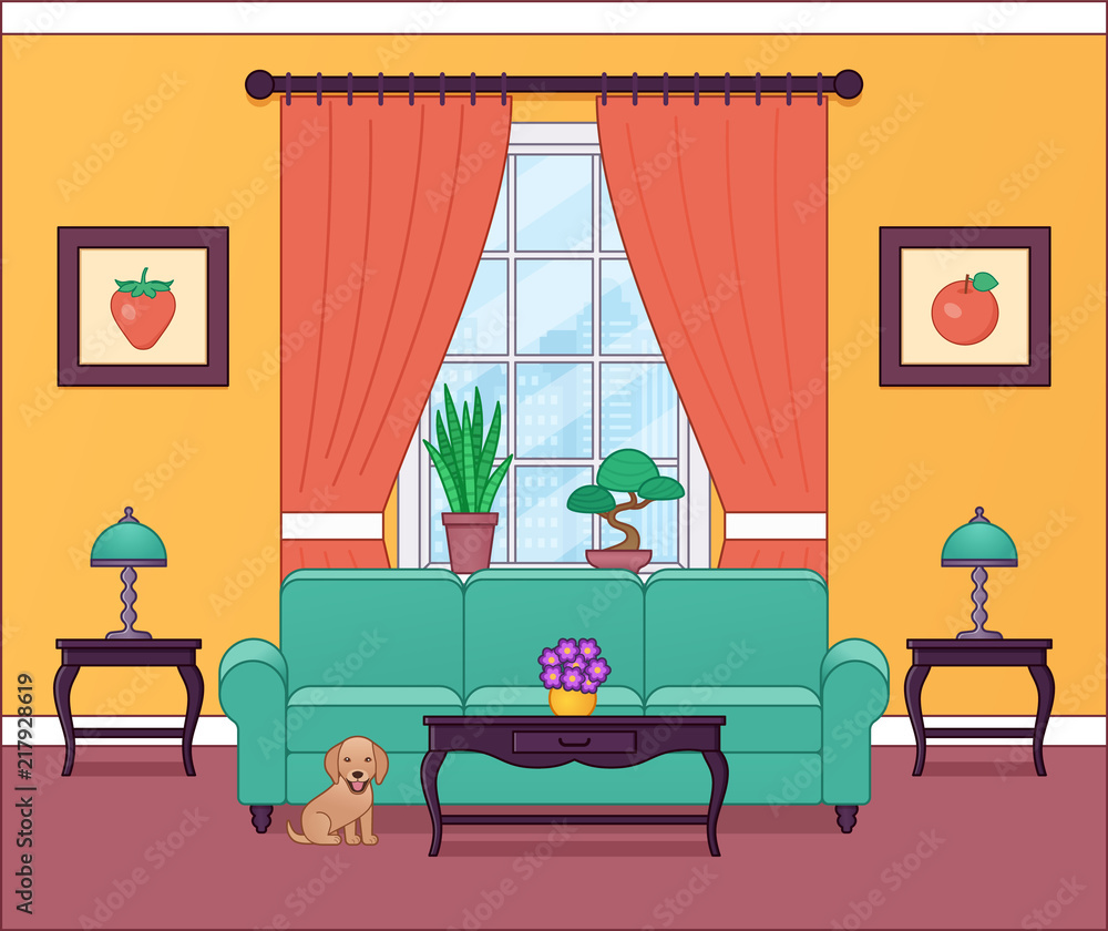 Living room interior. Vector illustration. Outline home flat design ...
