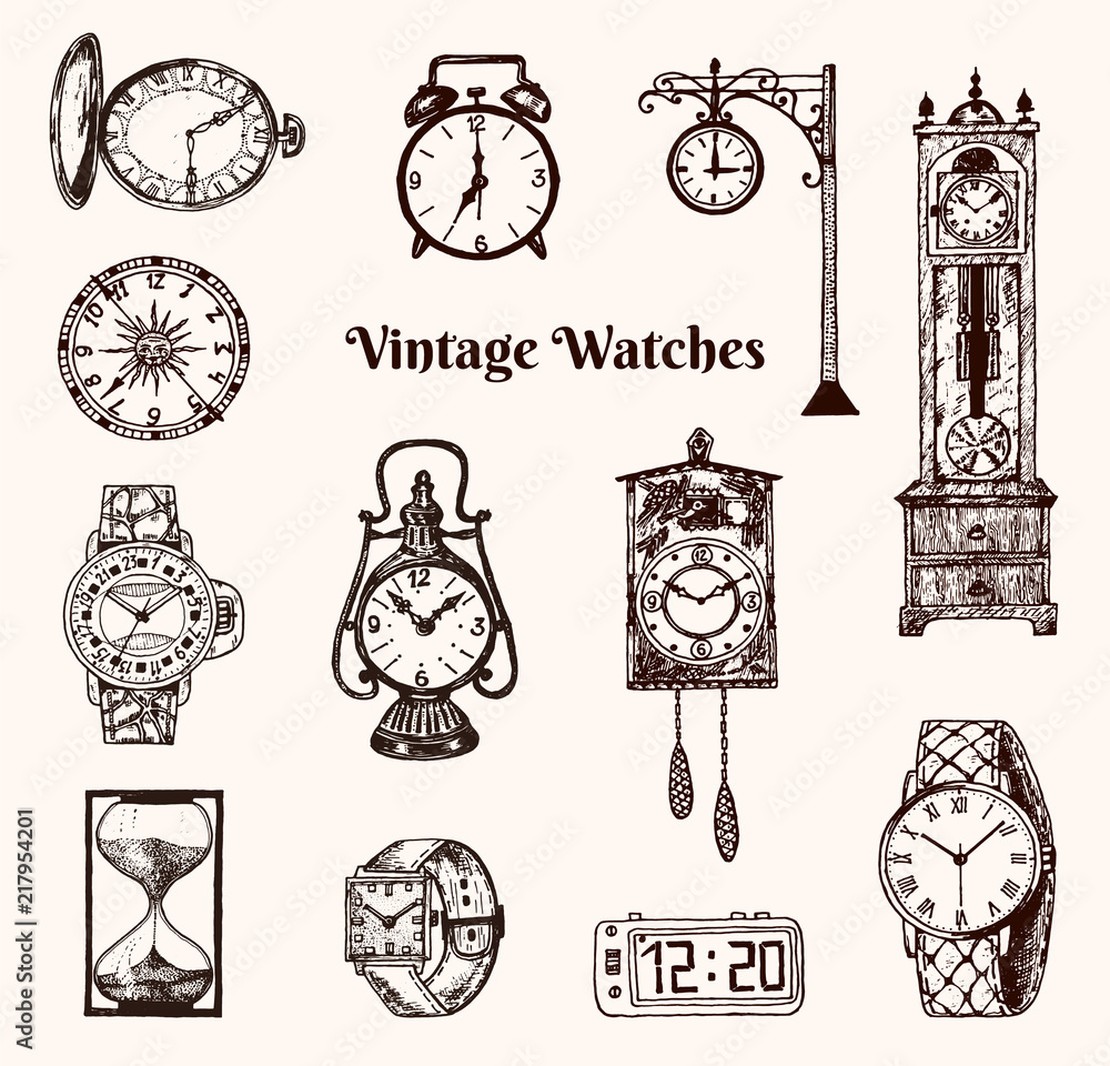 Vintage classic pocket watch, alarm clock, hourglass and dial showing ...