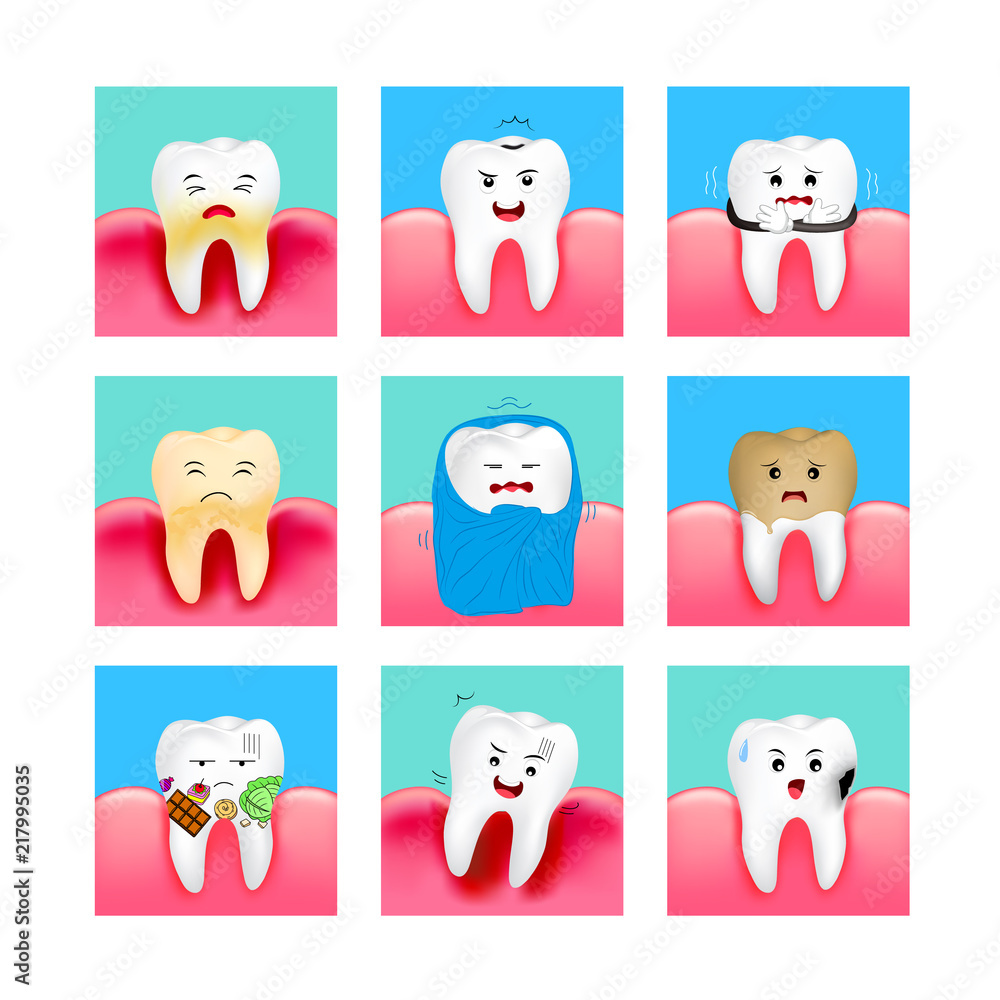 Set of cute cartoon tooth emoticons with different facial expressions ...