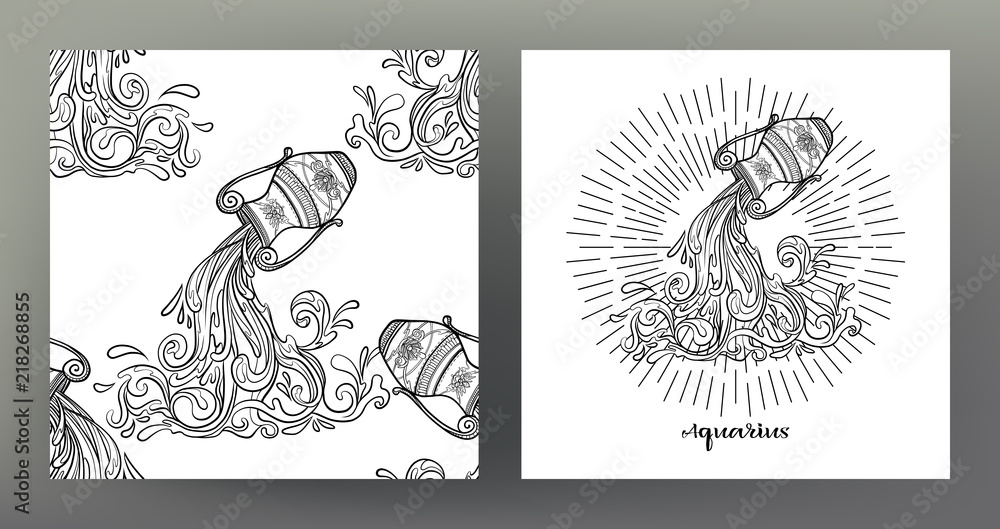 Aquarius. Set of Zodiac sign illustration on the sacred geometry symbol ...