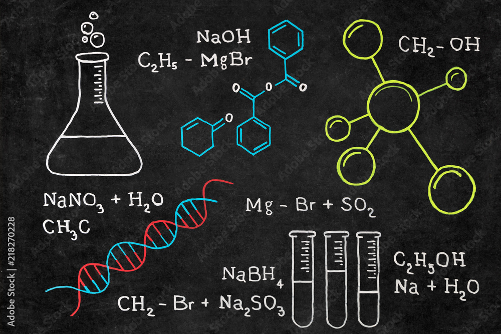 Handwritten chalk chemical formulas, DNA code, chemical flasks on ...