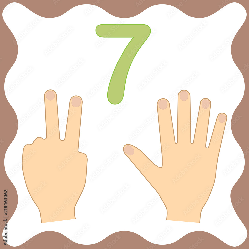 Number 7 (seven), educational card, learning counting with fingers of ...