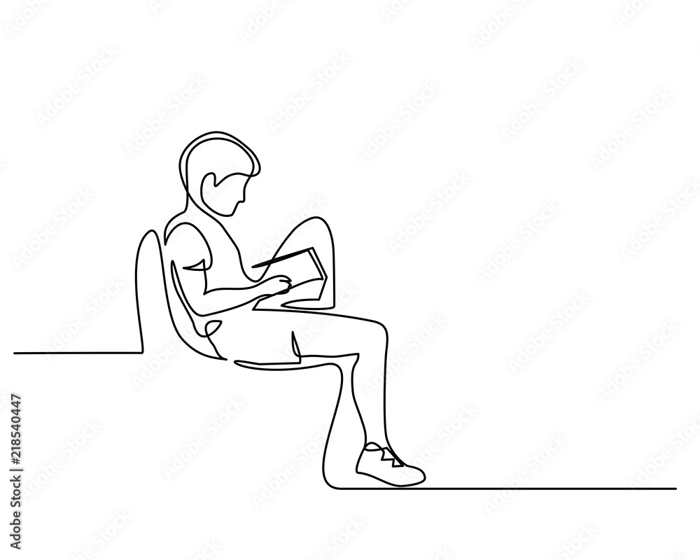 Continuous one line drawing. Boy studying with reading book. Back to ...
