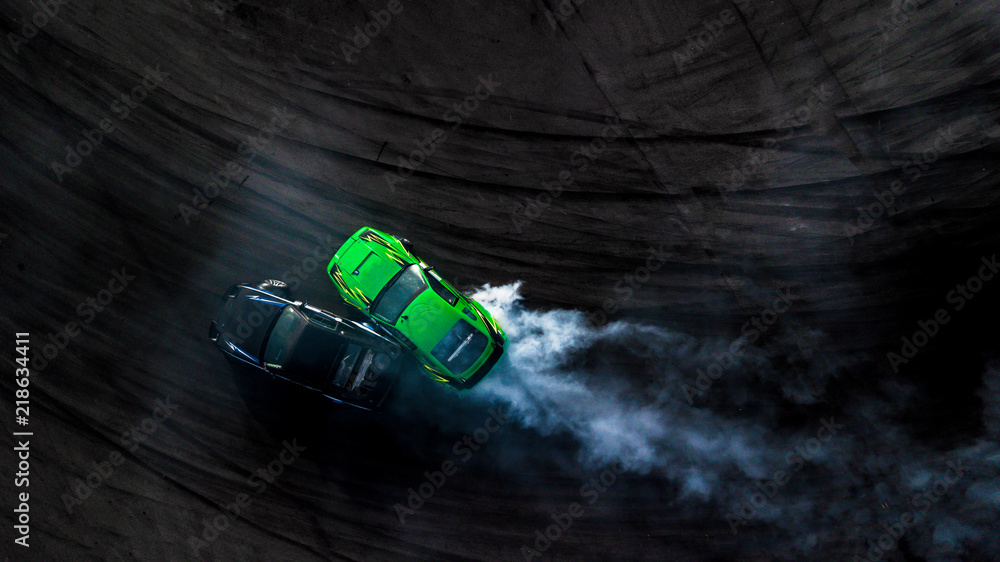 Aerial top view two cars drifting battle on race track, Two cars battle ...